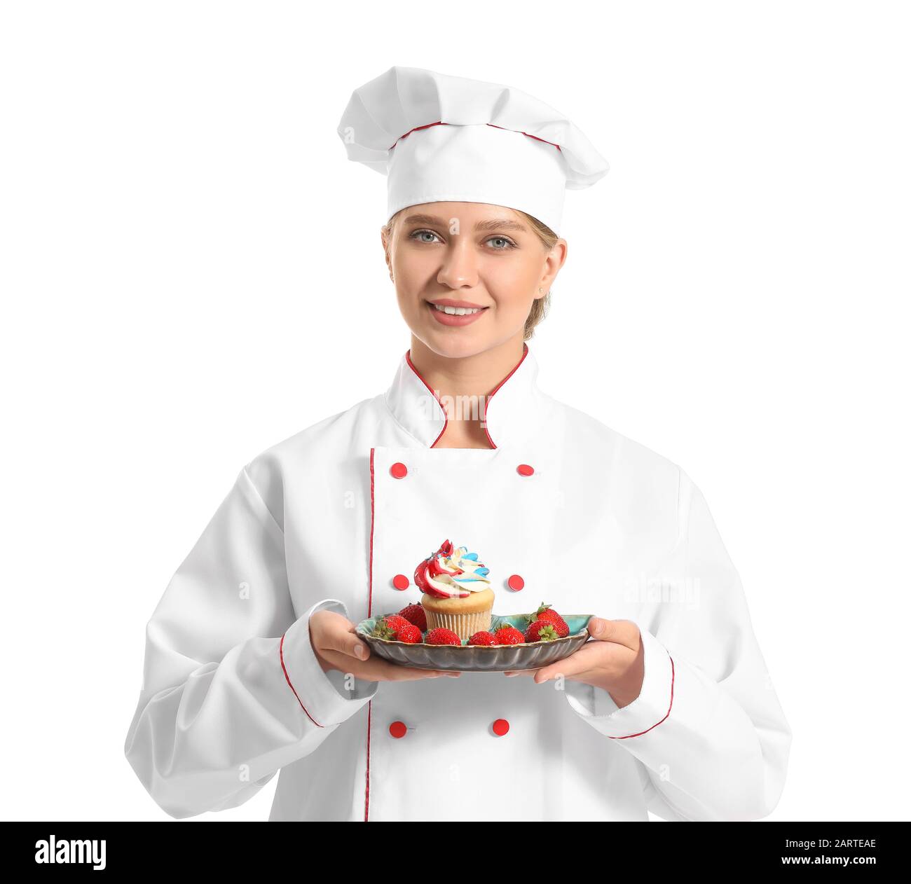 Female confectioner with tasty dessert on white background Stock Photo ...