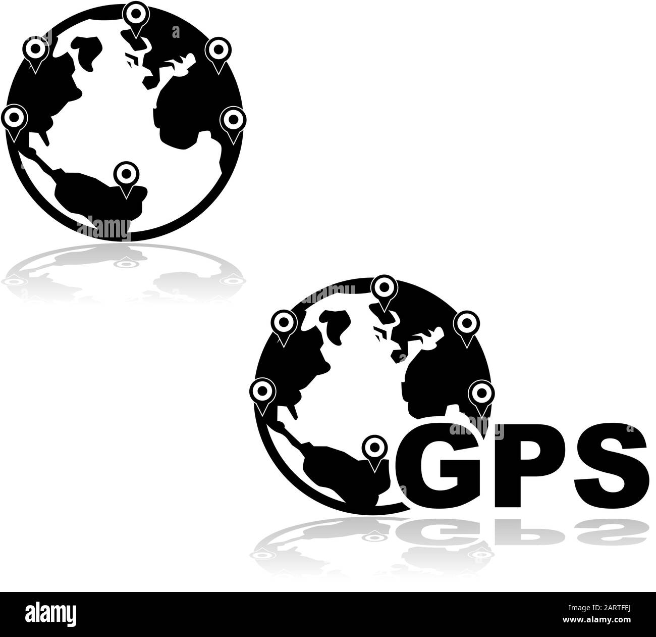 Icon illustration showing planet Earth with many location identifiers ...