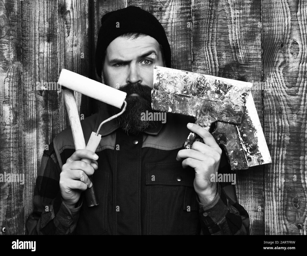 bearded builder man, long beard, brutal caucasian hipster with ...