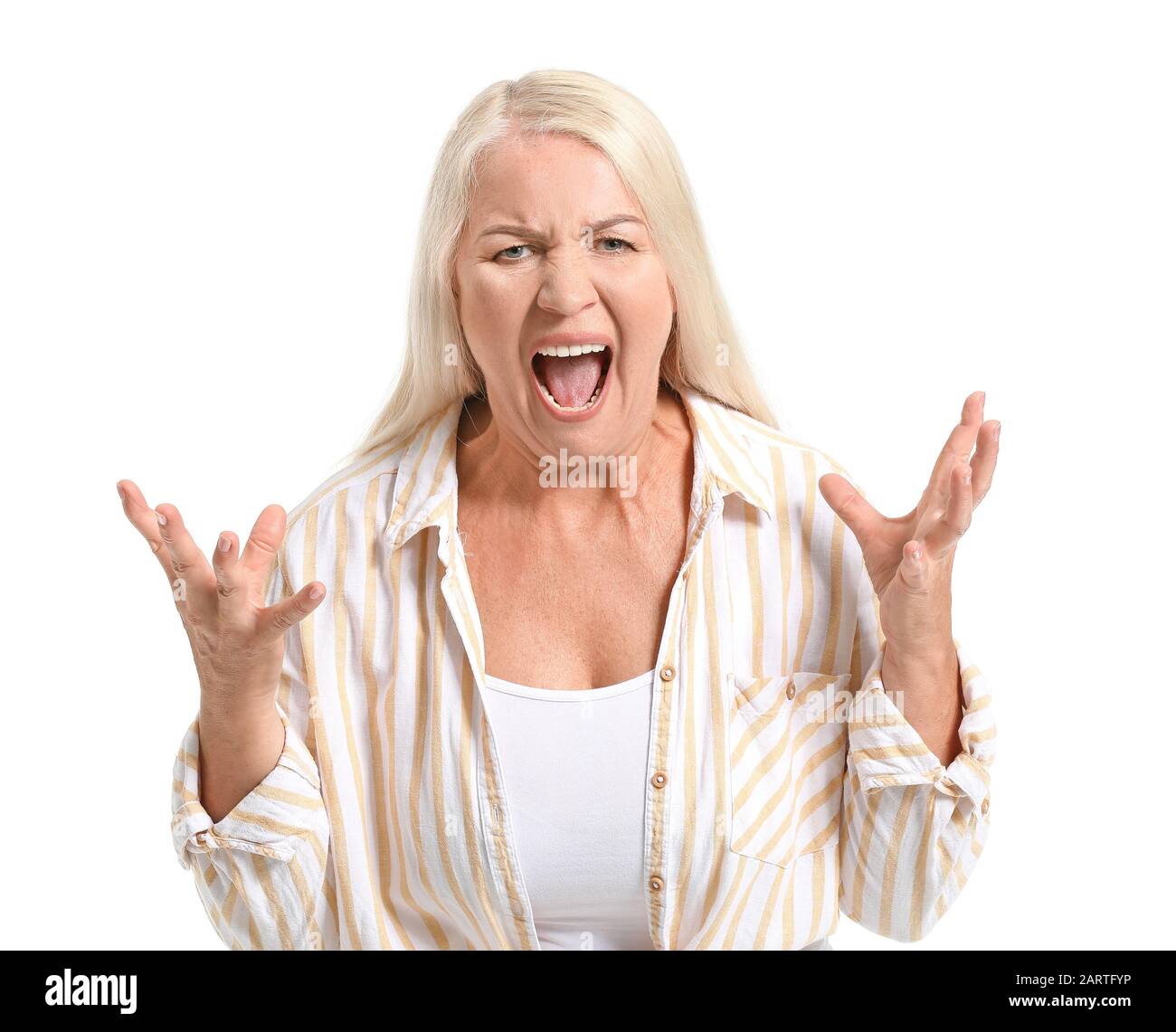 Angry mature woman on white background Stock Photo - Alamy