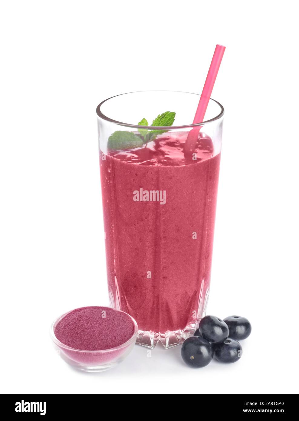 Glass of acai smoothie with powder on white background Stock Photo - Alamy
