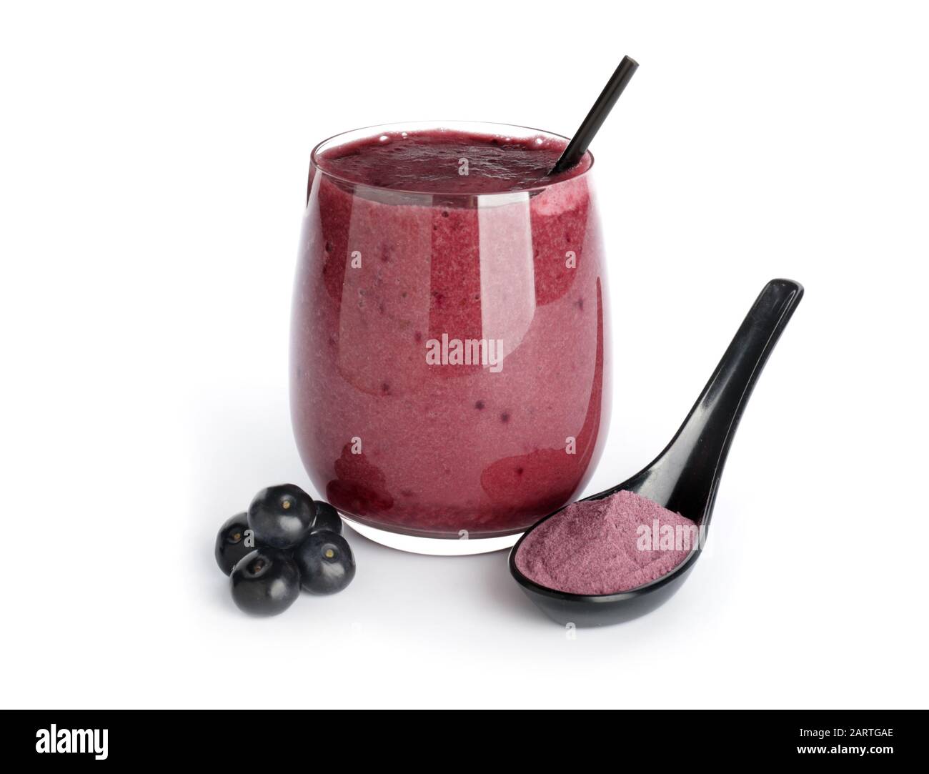 Glass of acai smoothie with powder on white background Stock Photo - Alamy
