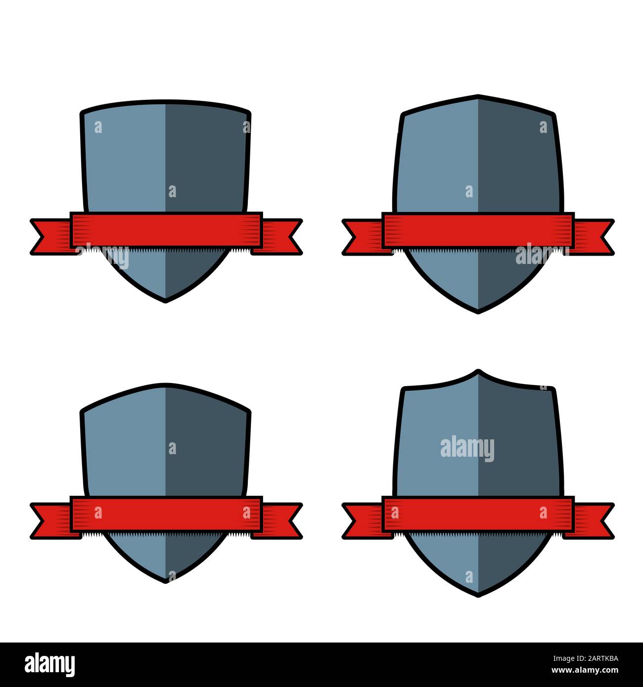 Blue shields set with red ribbons. Protection emblems. Security symbols ...