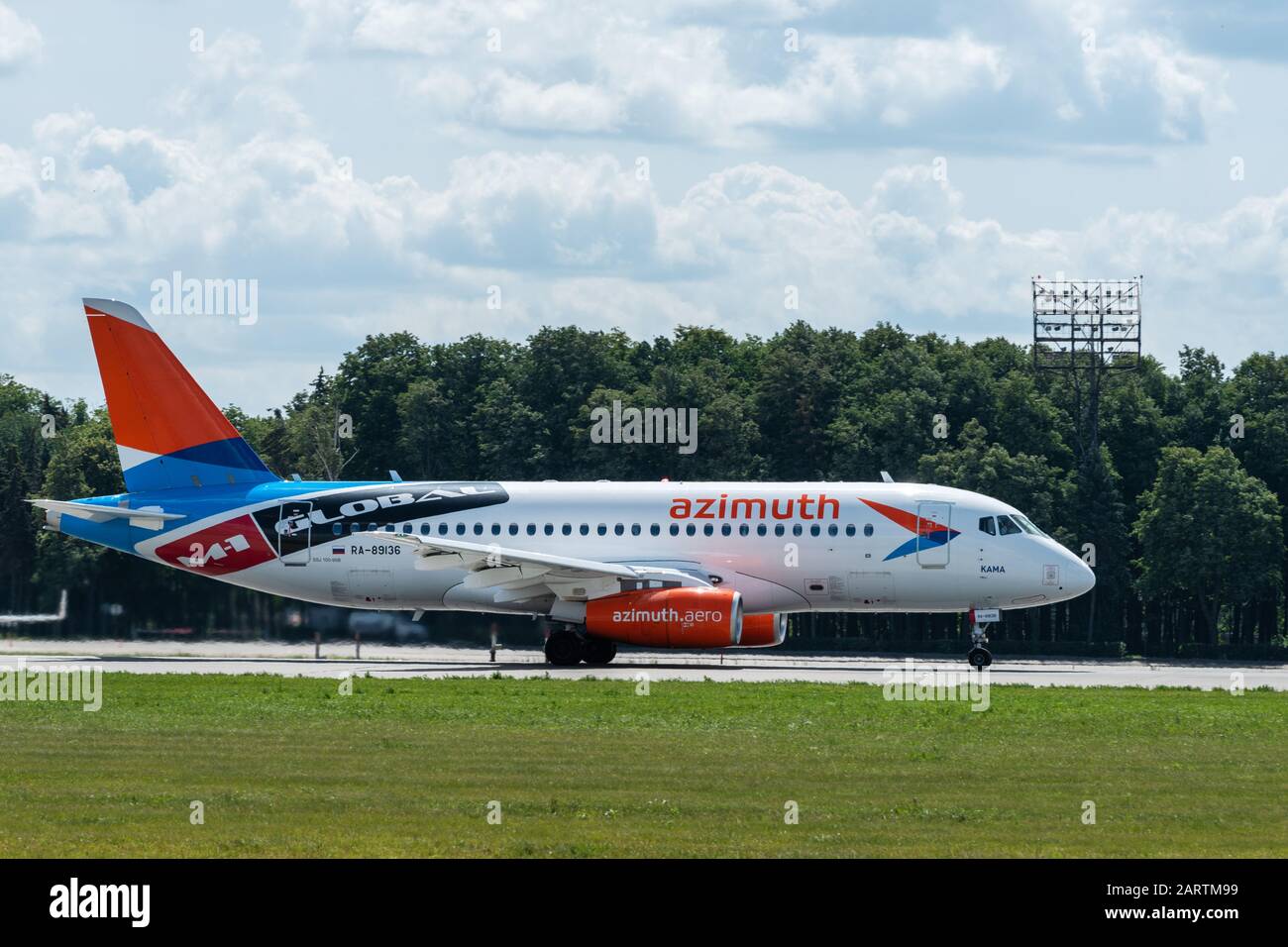 July 2, 2019, Moscow, Russia. Airplane Sukhoi Superjet 100 Azimuth ...