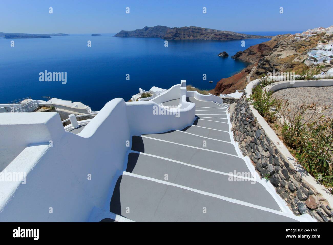 Stairs and volcano at Oia island, Greece Stock Photo - Alamy