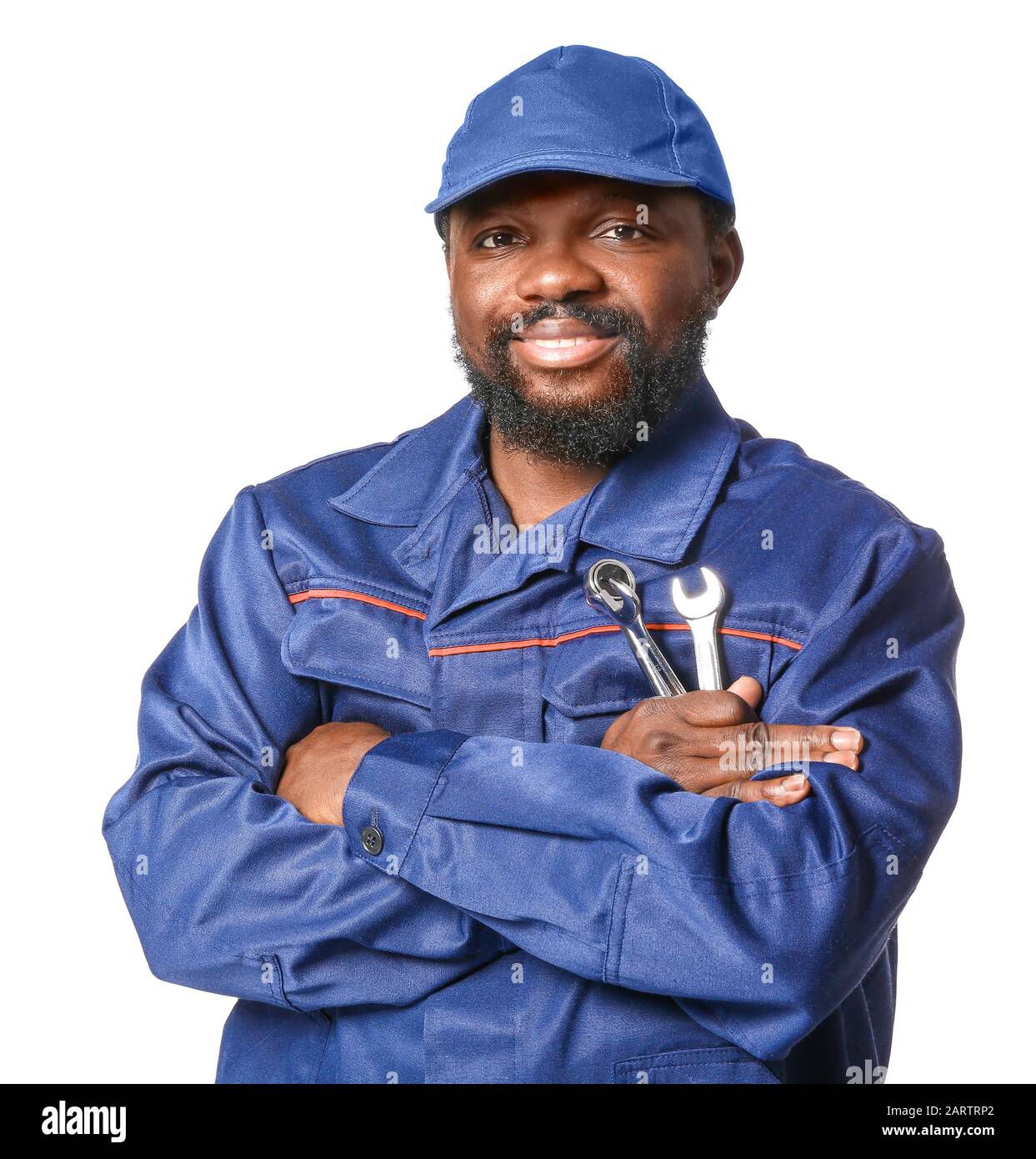 African-American car mechanic on white background Stock Photo - Alamy