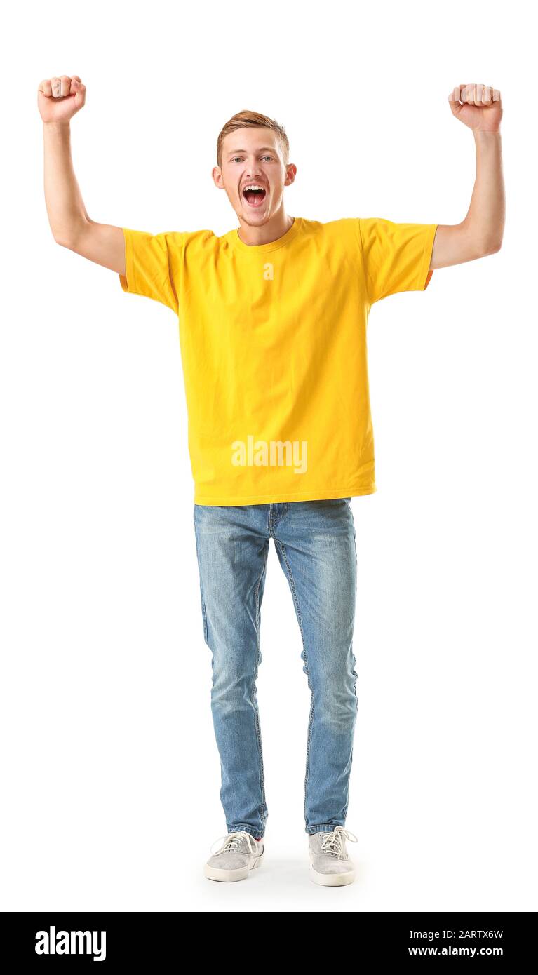 Happy man in stylish t-shirt on white background Stock Photo - Alamy