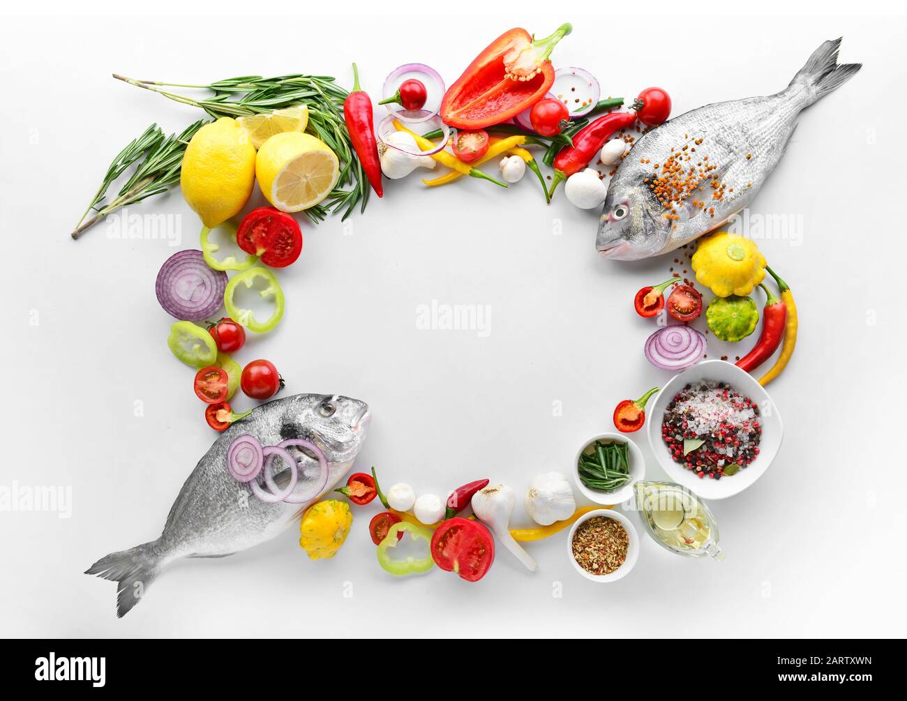 Frame made of different products on white background Stock Photo - Alamy