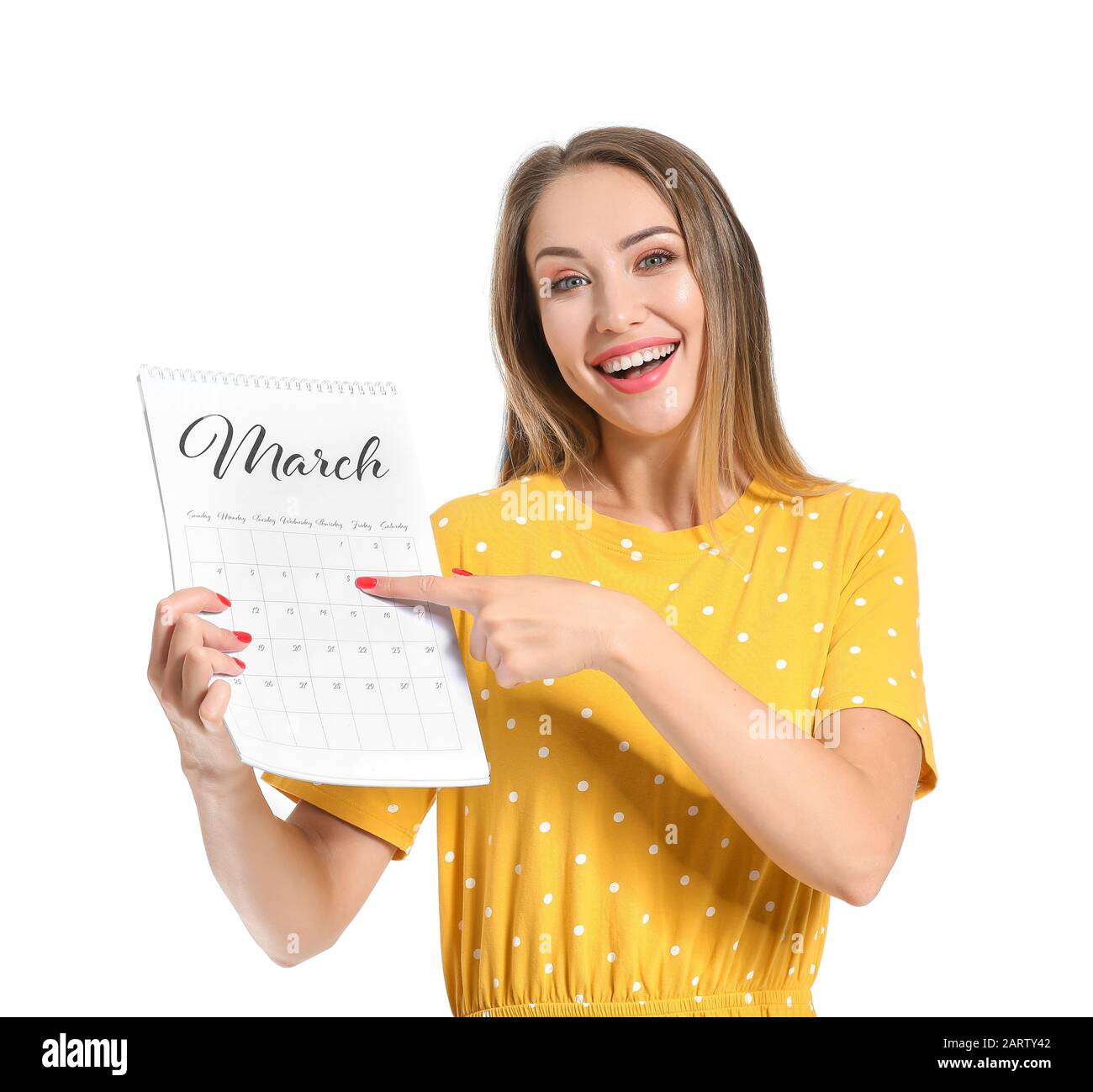 Beautiful young woman with calendar on white background. International ...