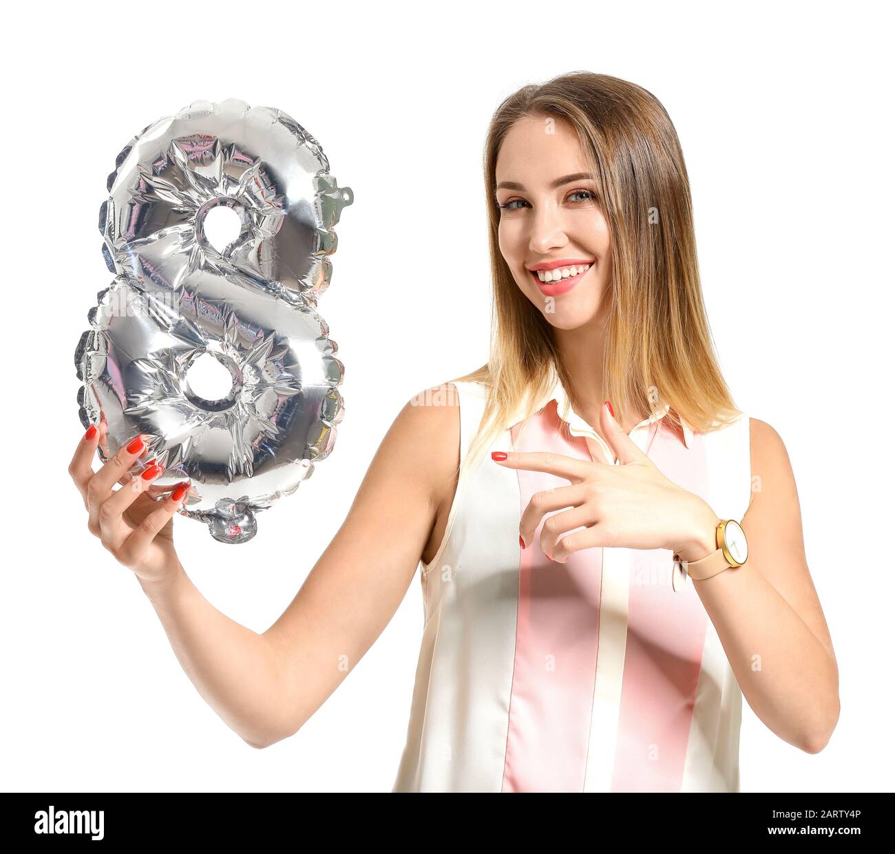 Beautiful young woman with figure 8 on white background. International ...