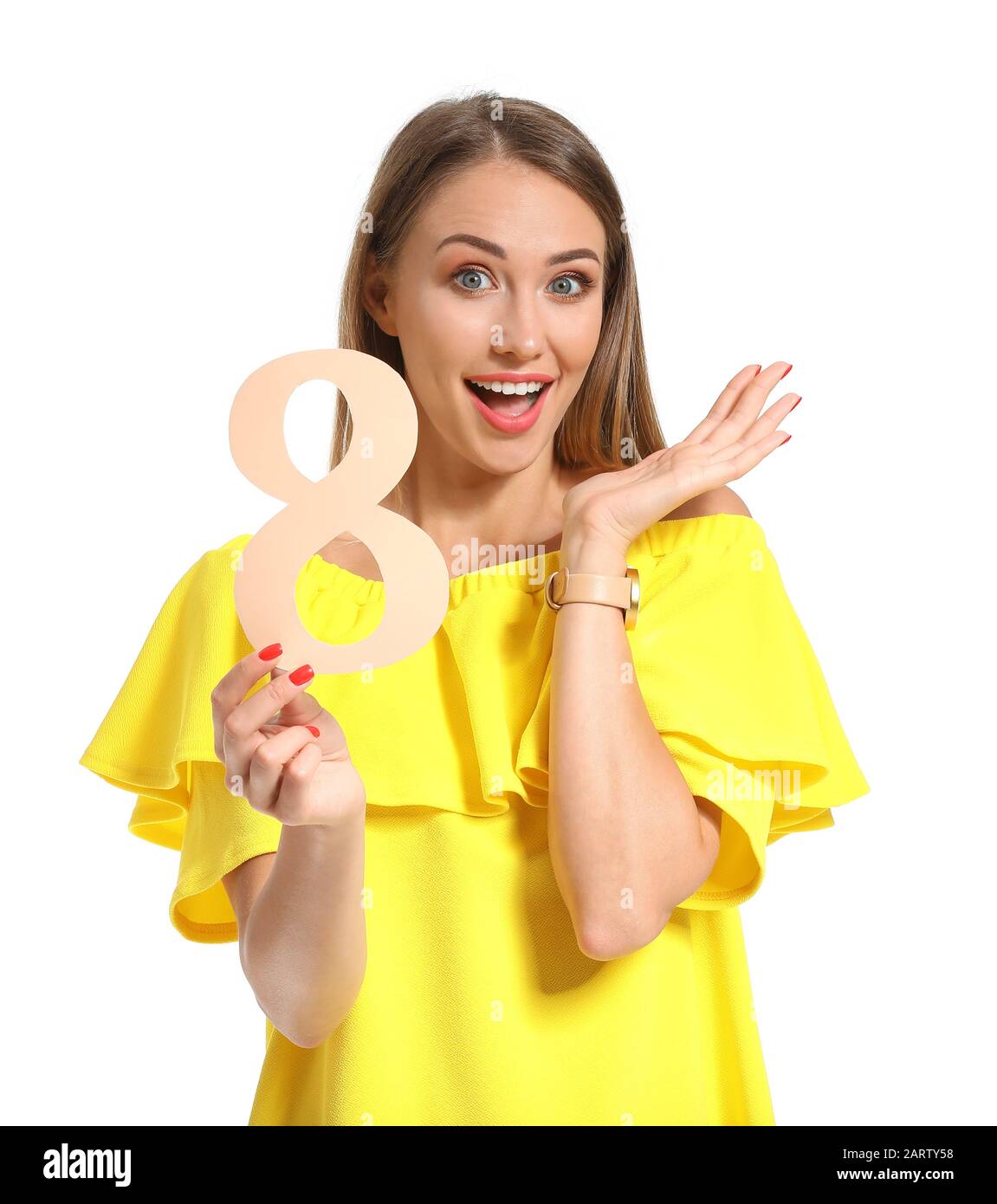 Beautiful young woman with figure 8 on white background. International ...