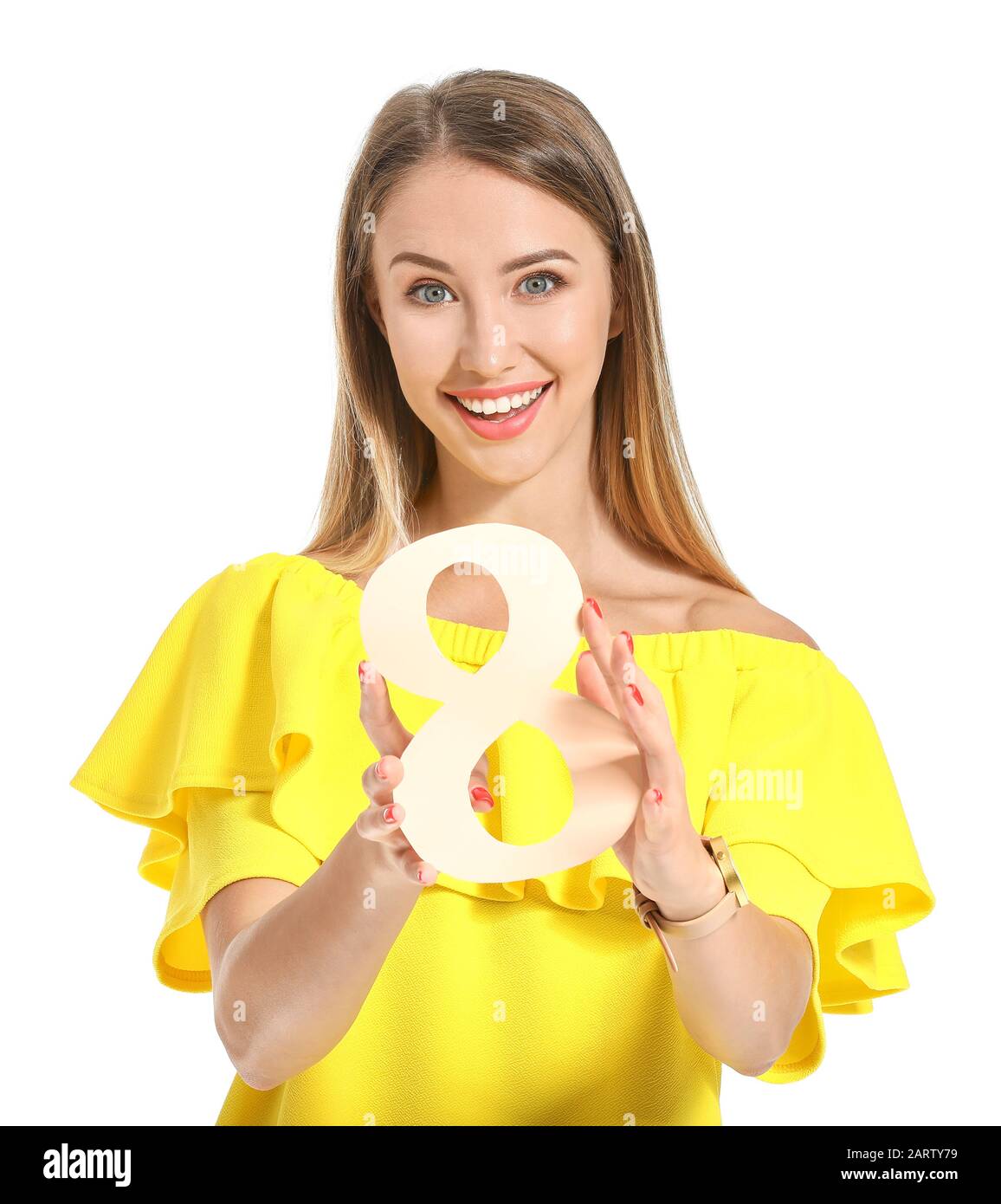 Beautiful young woman with figure 8 on white background. International ...