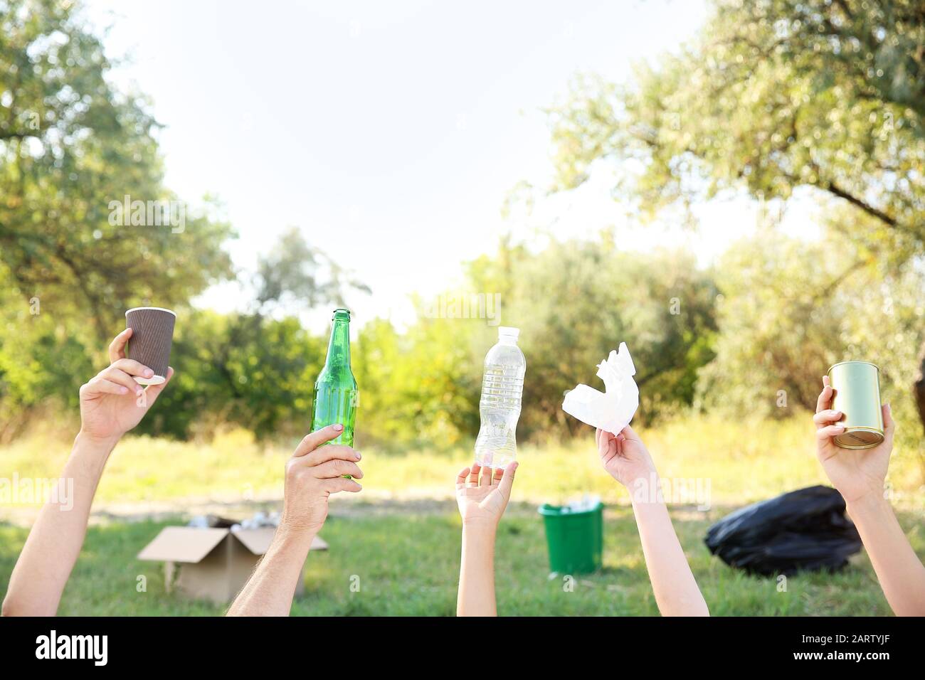People with different garbage outdoors. Concept of recycling Stock ...