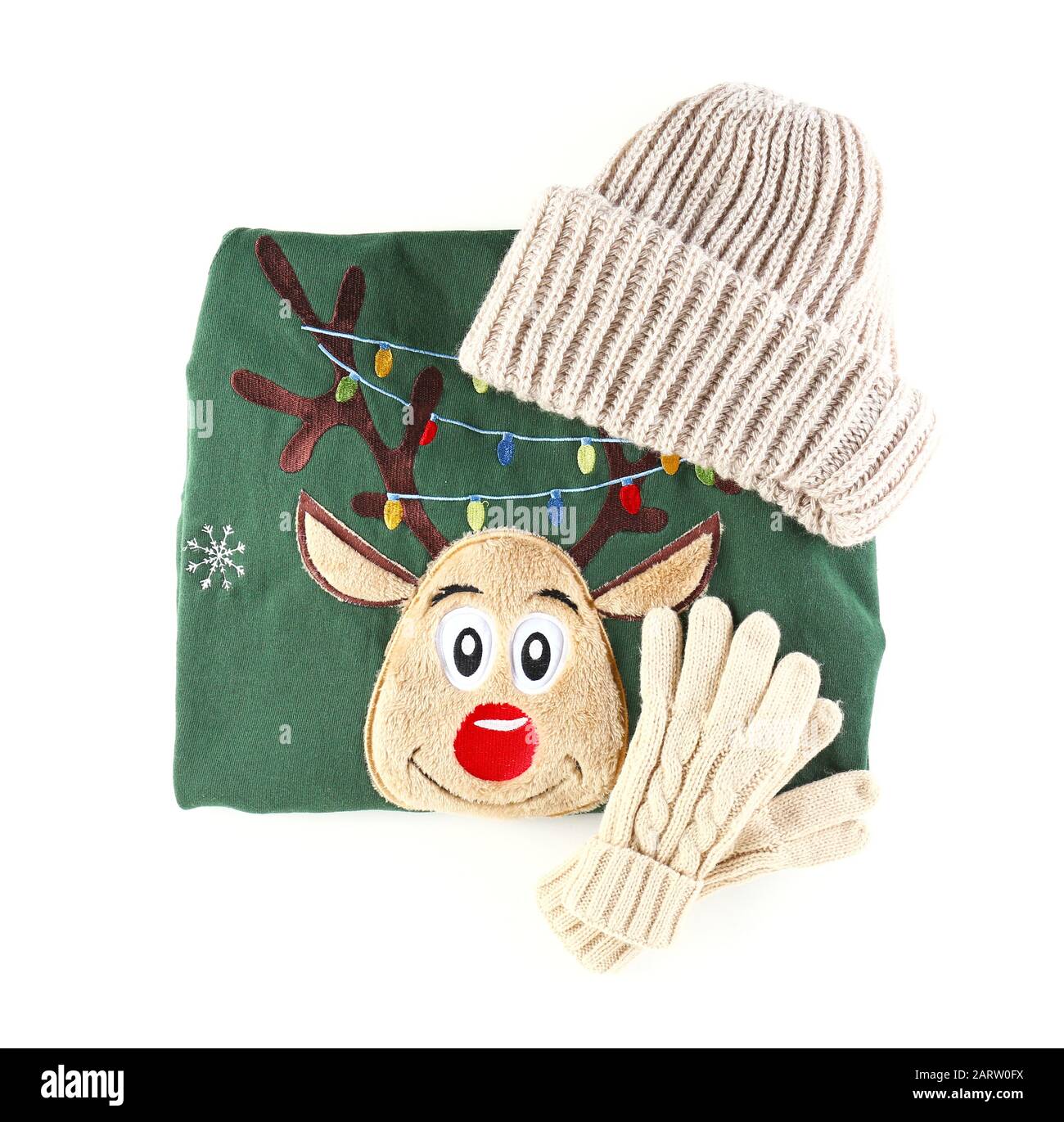 Set of warm Christmas clothes on white background Stock Photo - Alamy