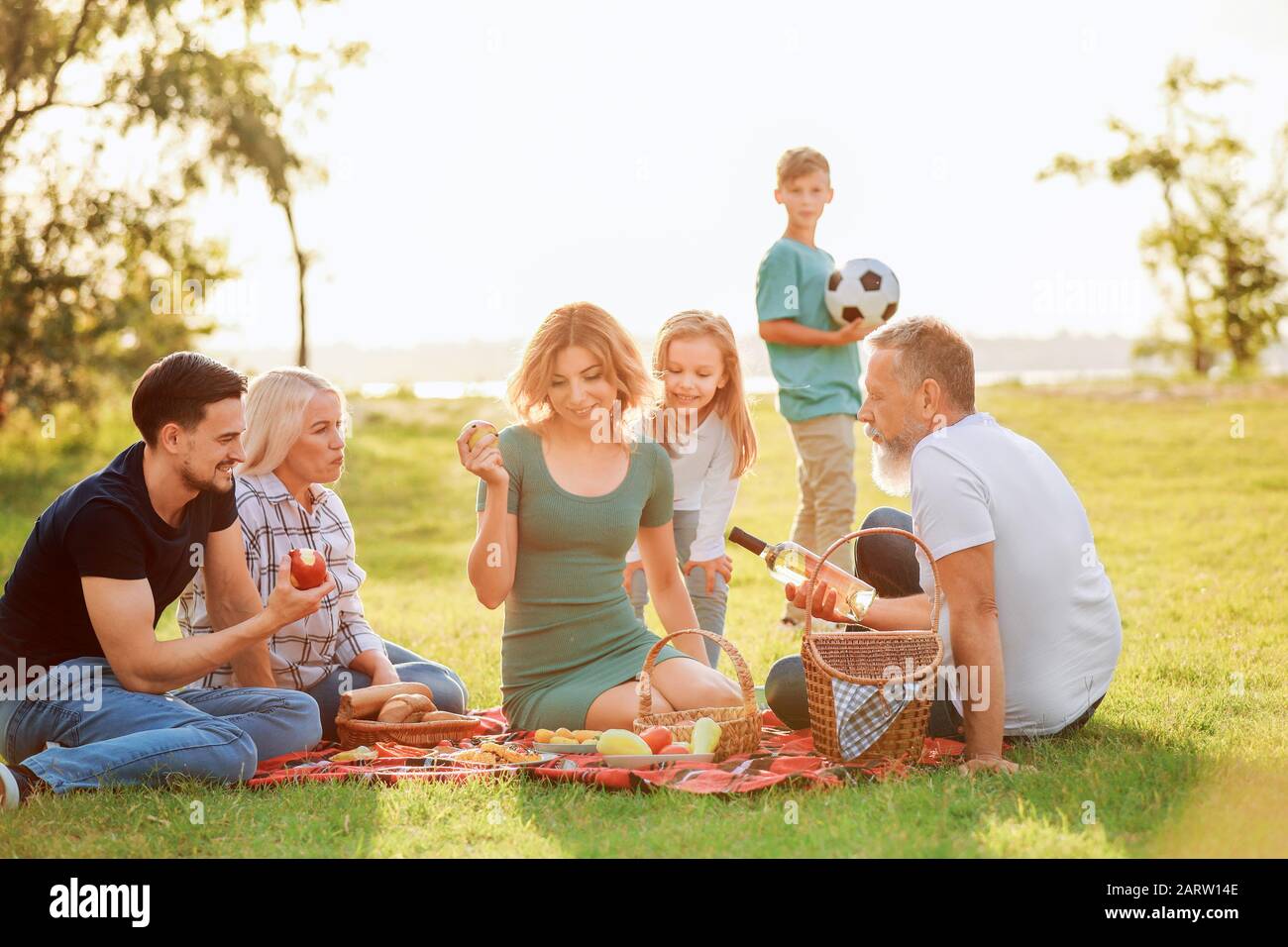 Big family having picnic in park Stock Photo - Alamy