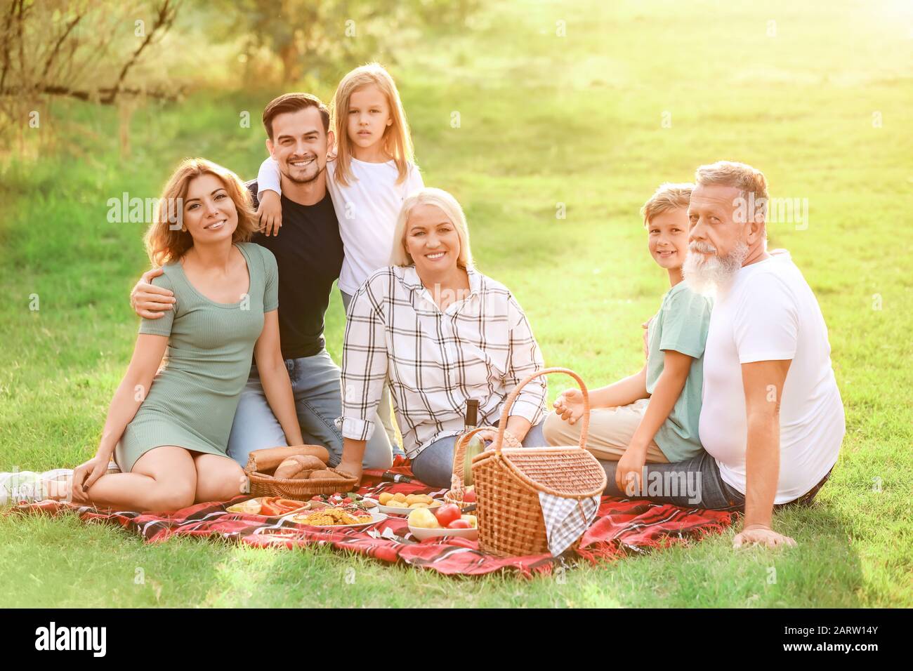 Big family having picnic in park Stock Photo - Alamy