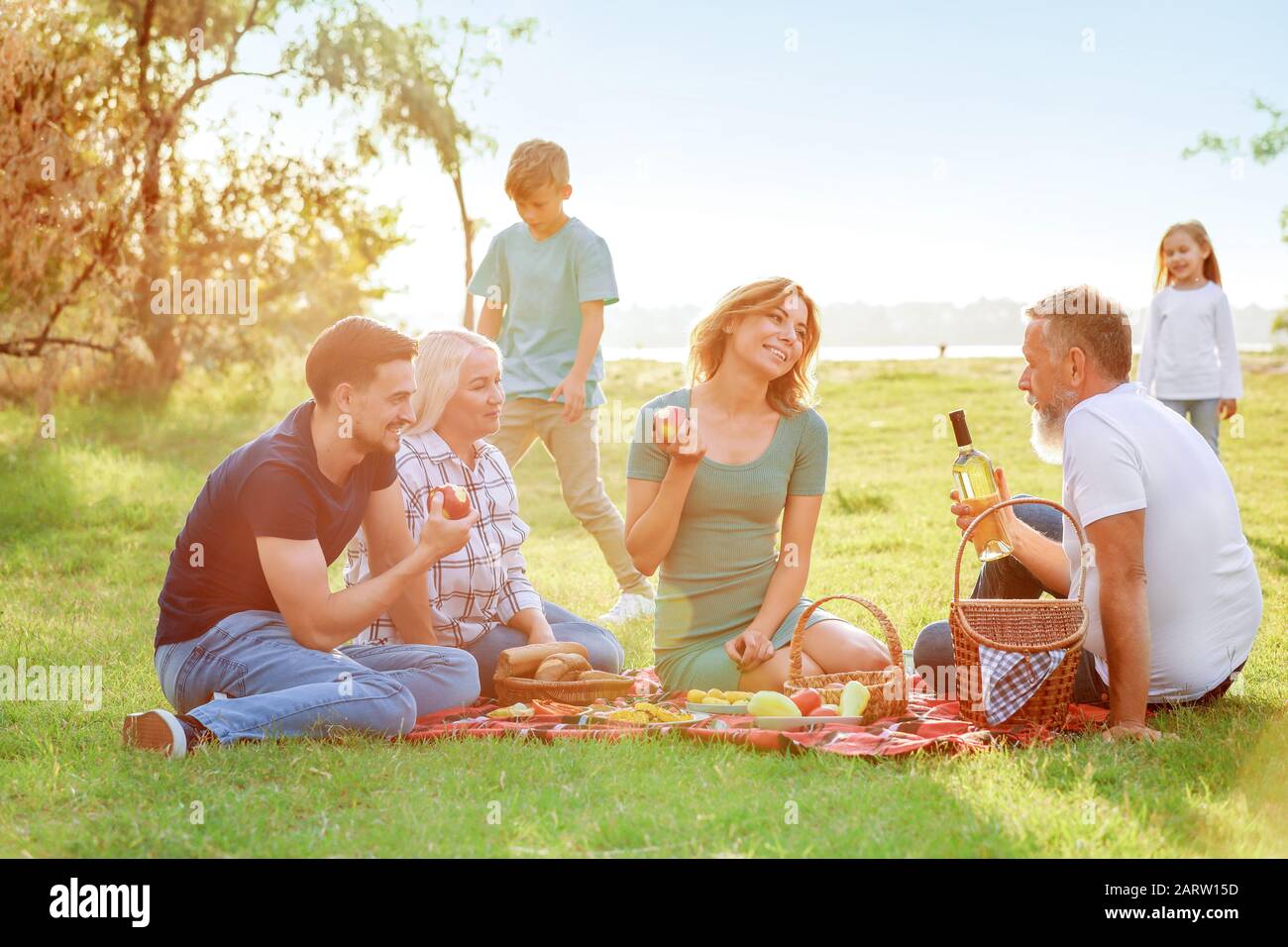 Big family having picnic in park Stock Photo - Alamy