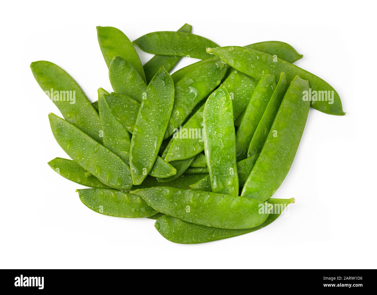 green fresh snow peas with water drops on a white isolated background ...