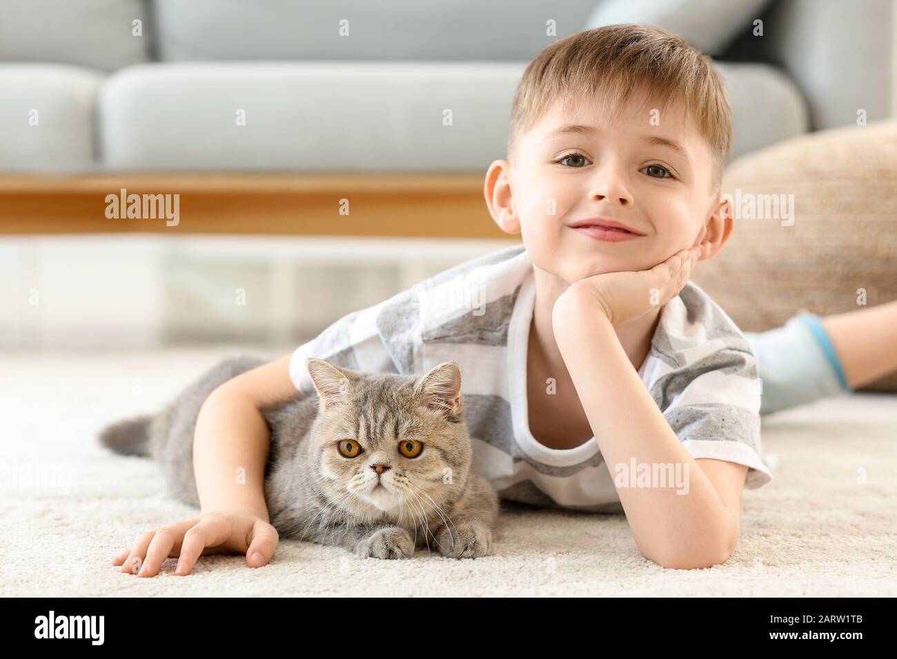 Little boy with cute cat at home Stock Photo - Alamy