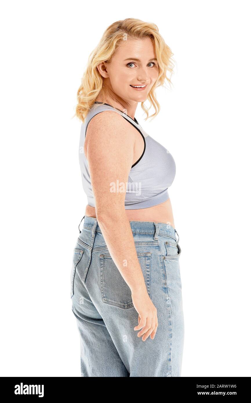 Mature body positive woman on white background Stock Photo - Alamy