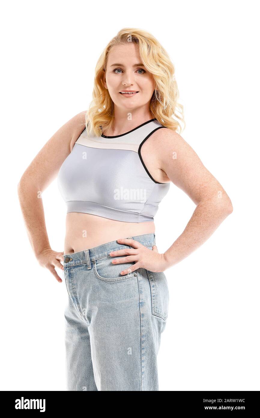 Mature body positive woman on white background Stock Photo - Alamy