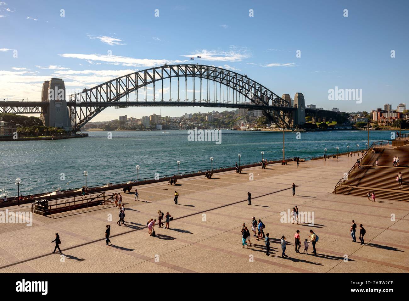 Tourists on Bennelong Point with the Sydney Harbour Bridge in the ...
