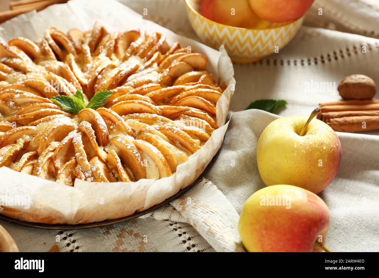 Sweet apple pie on table Stock Photo - Alamy