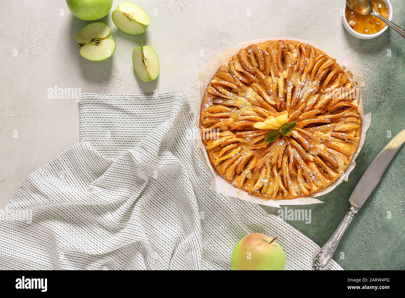 Sweet apple pie on table Stock Photo - Alamy
