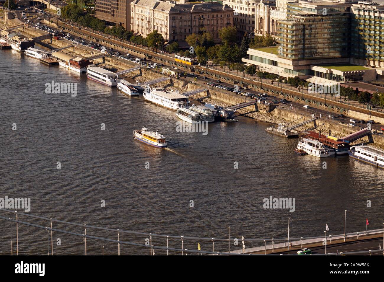 View of the marina for passenger ships on the Danube River. Budapest is ...