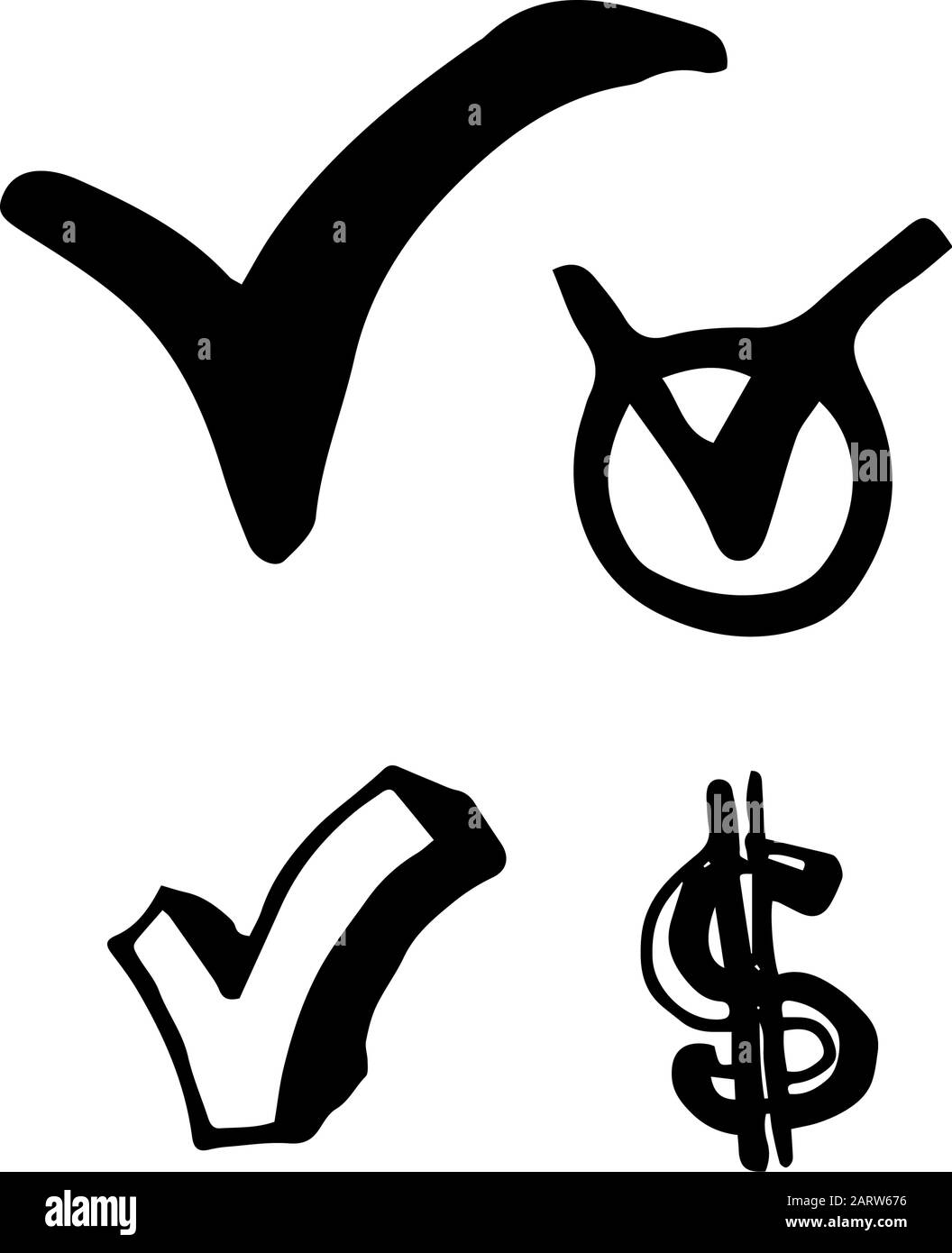 Hand drawn check marks and dollar sign in doodle style isolated on ...