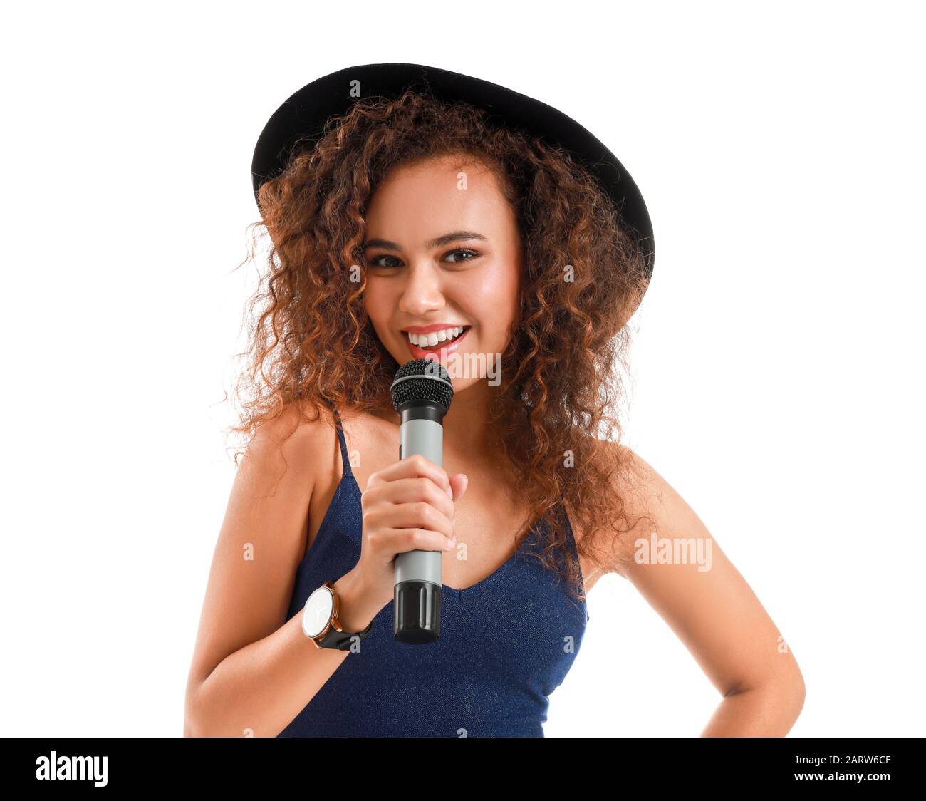 Female African-American singer on white background Stock Photo - Alamy