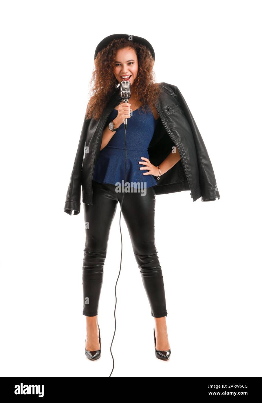 Female African-American singer on white background Stock Photo - Alamy