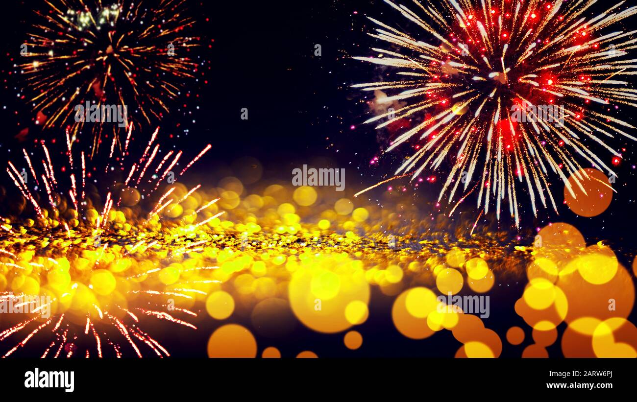 Abstract color fireworks display on dark sky background with copy space ...