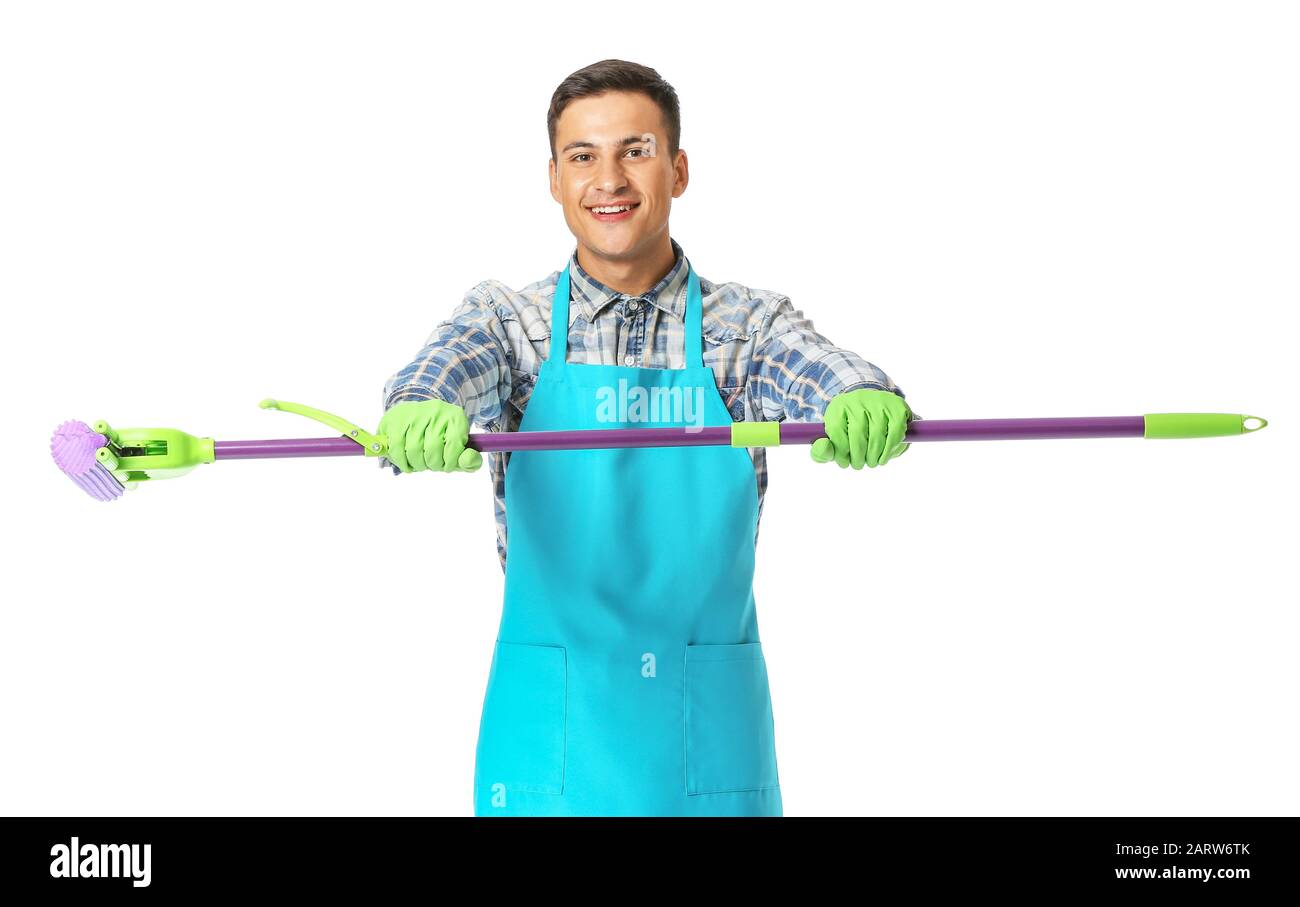 Young man with mop on white background Stock Photo - Alamy