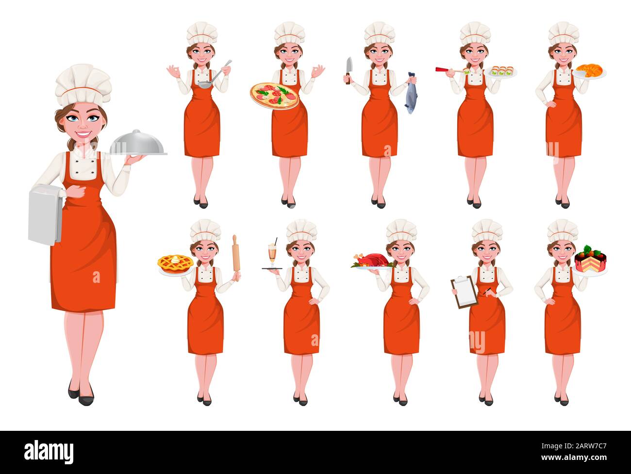 Beautiful young chef woman, set of eleven poses. Pretty cook lady in ...