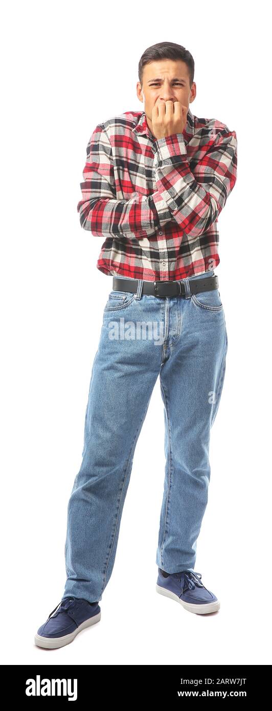 Portrait of handsome young man after making mistake on white background ...