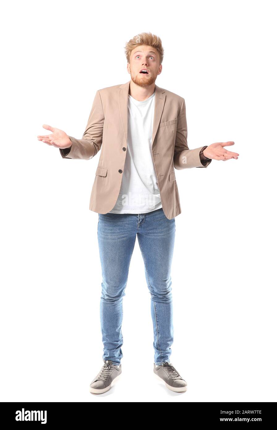 Portrait of shocked man on white background Stock Photo - Alamy
