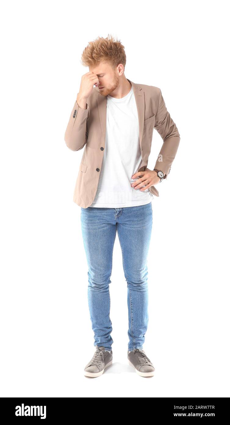 Portrait of tired man on white background Stock Photo - Alamy