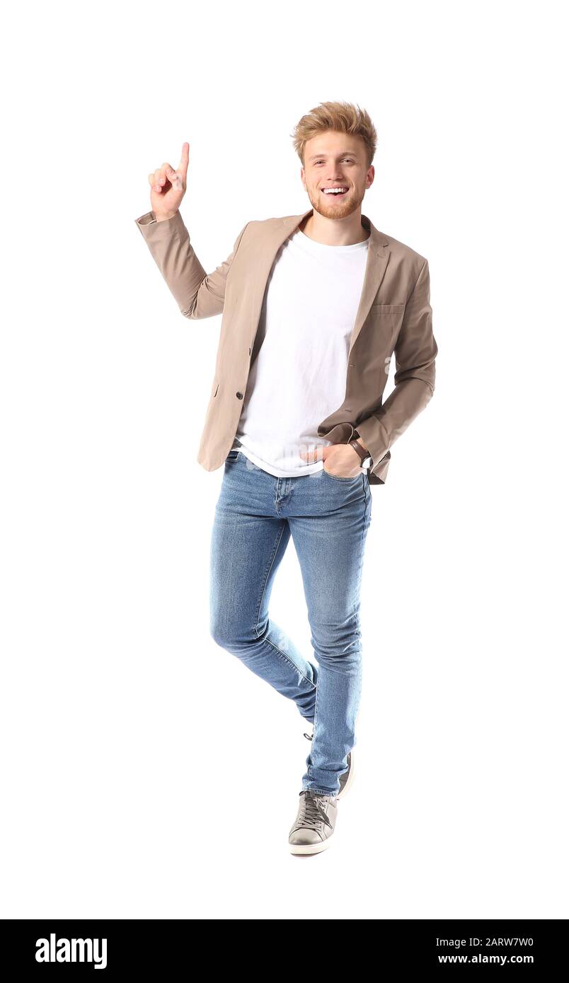 Portrait of young man with raised index finger on white background ...