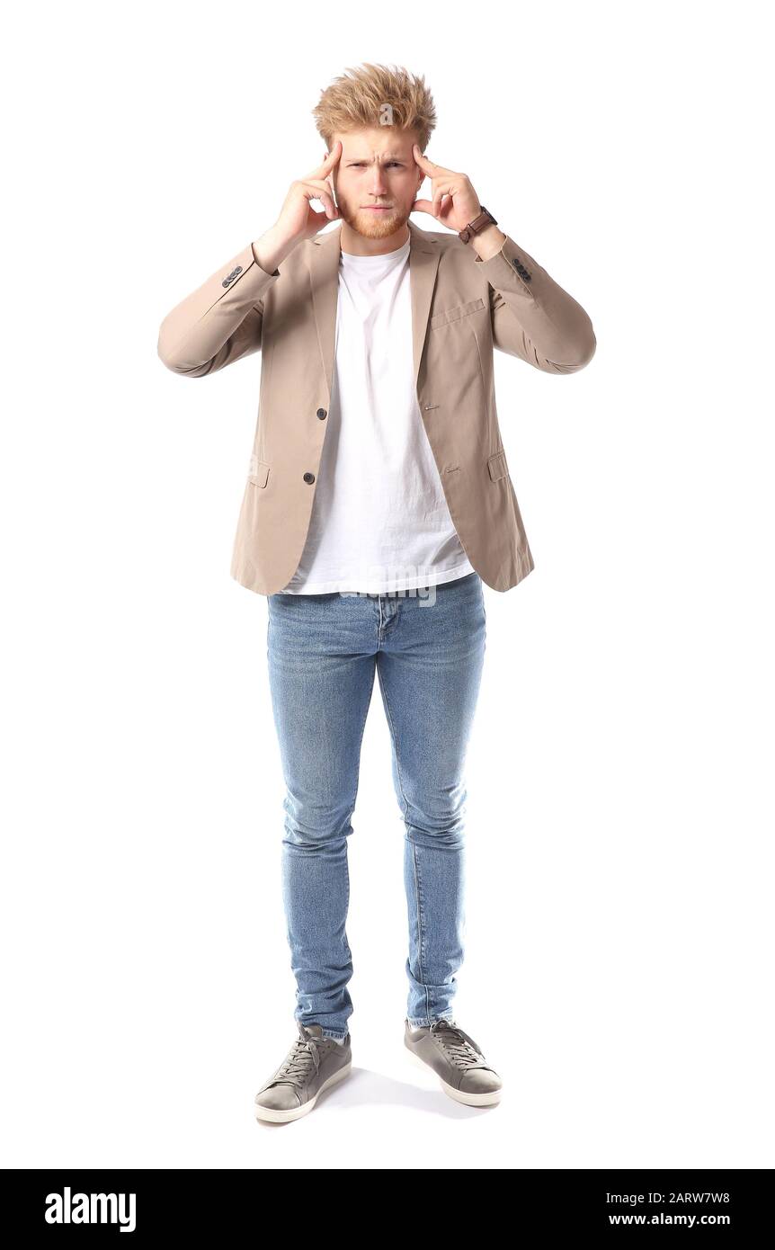 Portrait of stressed man on white background Stock Photo - Alamy