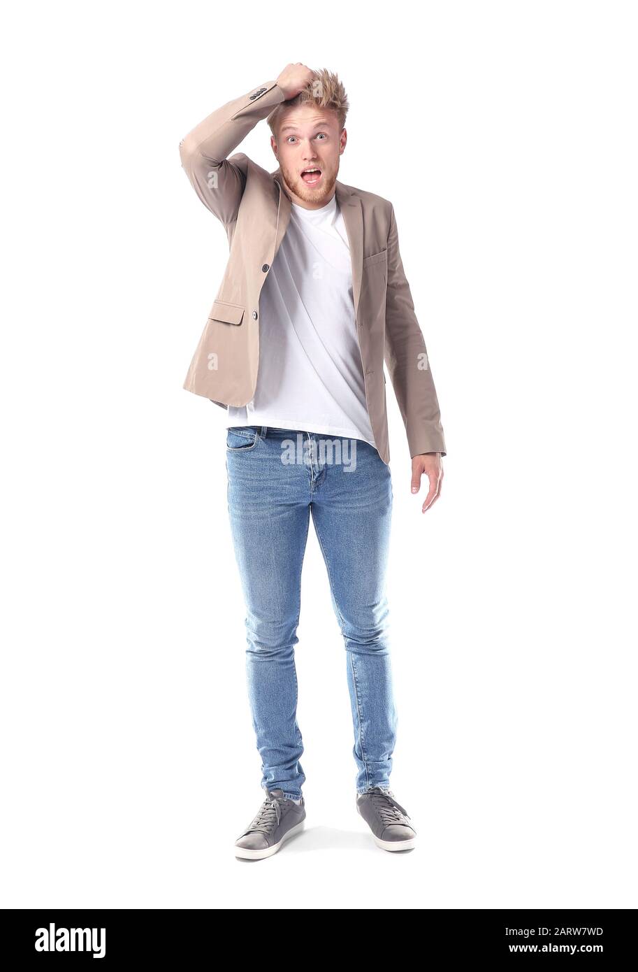 Portrait of shocked man on white background Stock Photo - Alamy