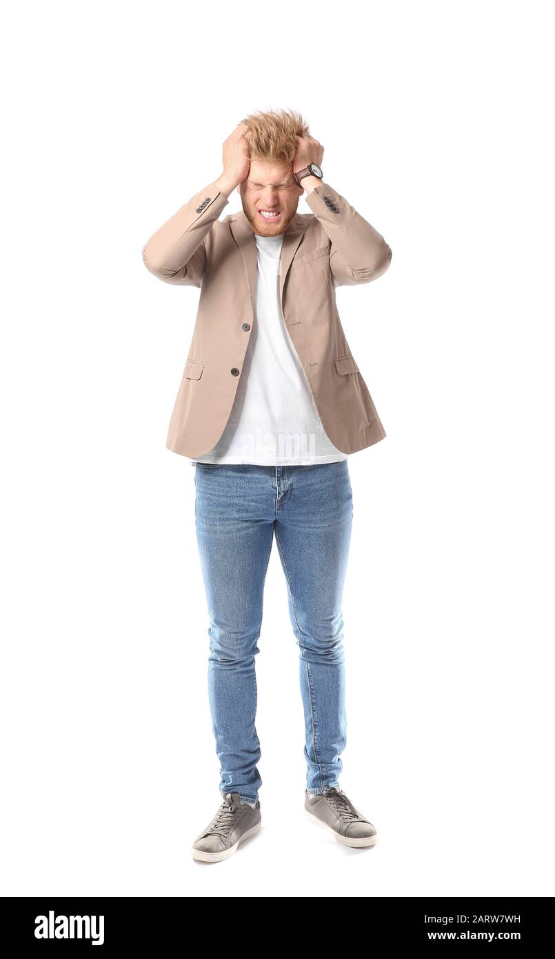 Portrait of stressed man on white background Stock Photo - Alamy