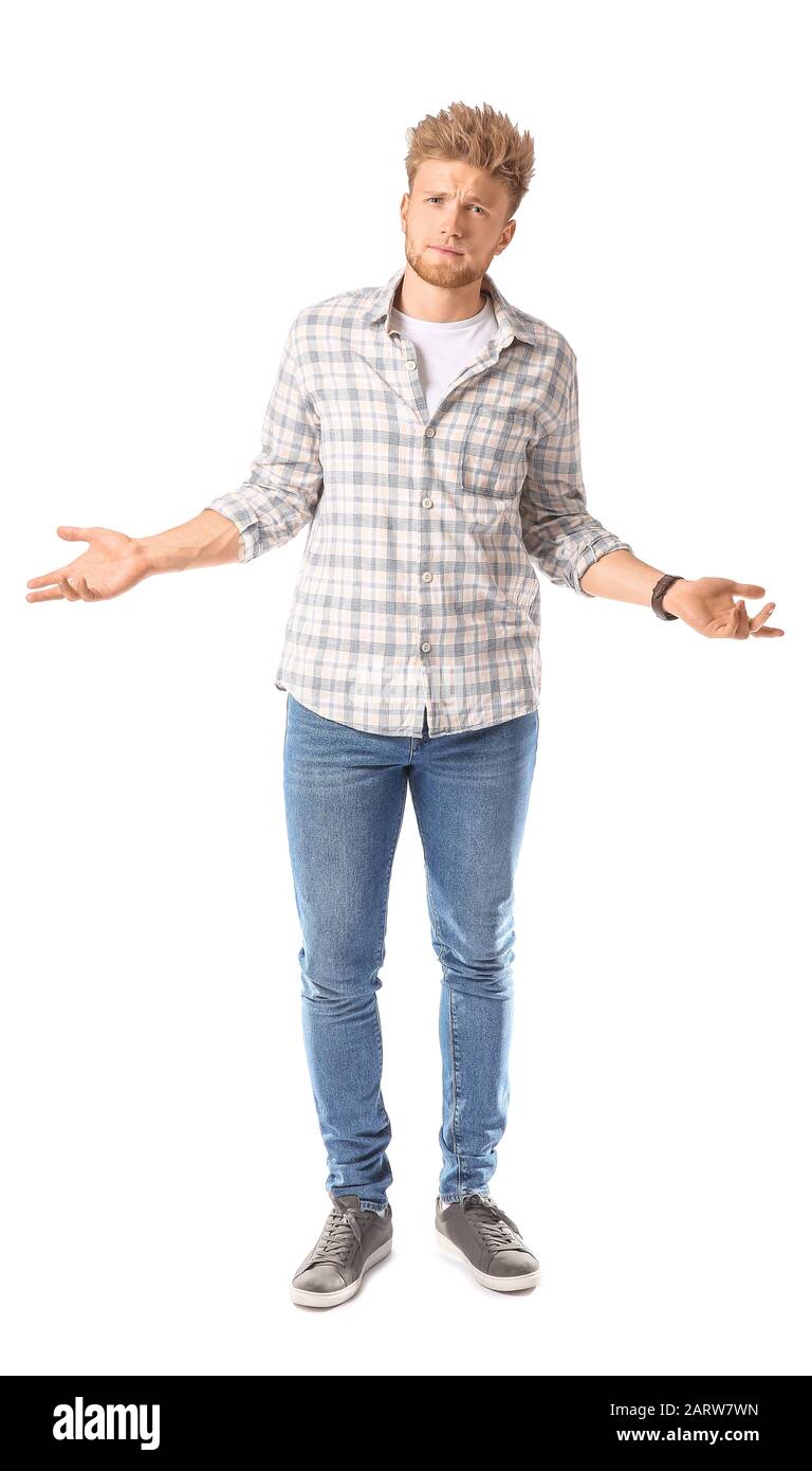 Portrait of helpless man on white background Stock Photo - Alamy