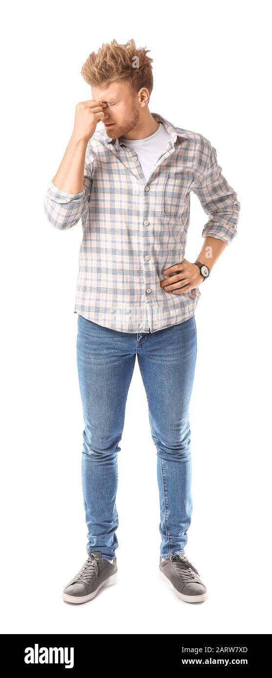 Portrait of tired man on white background Stock Photo - Alamy