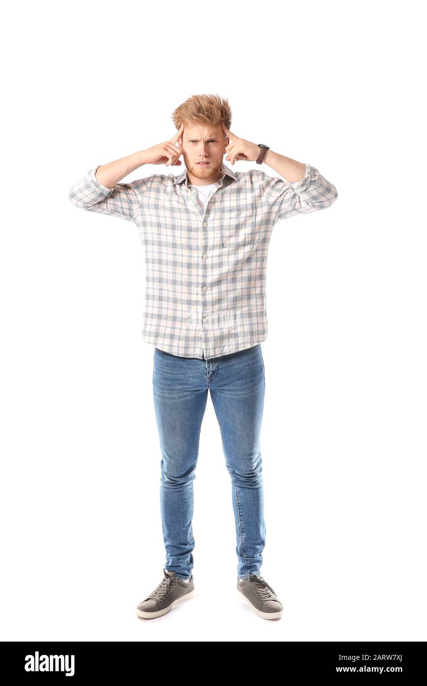Portrait of stressed man on white background Stock Photo - Alamy