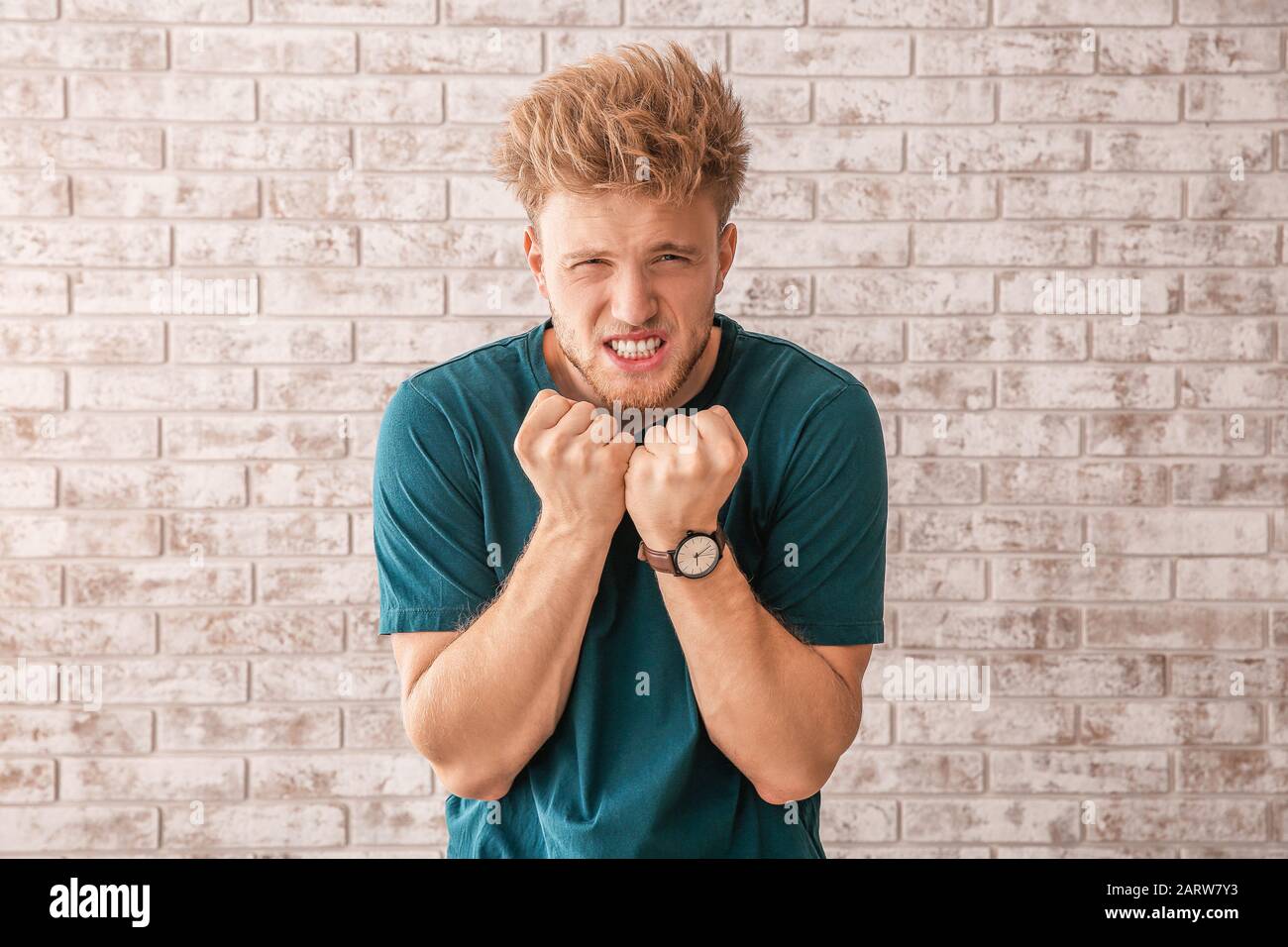 Portrait of angry man on brick background Stock Photo - Alamy