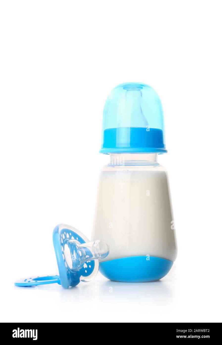 Bottle of milk for baby with pacifier on white background Stock Photo ...