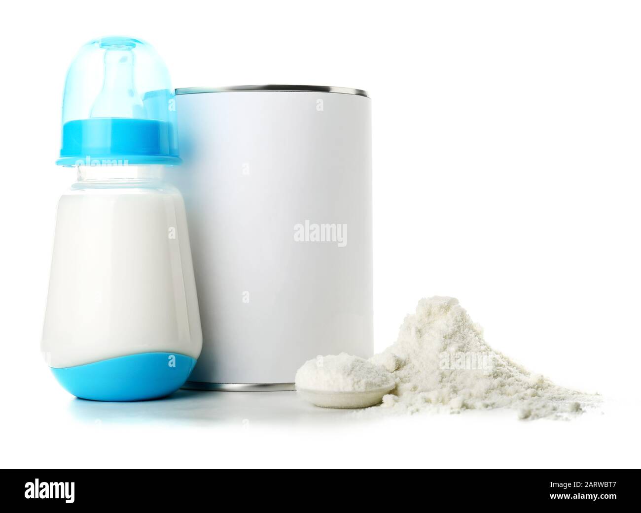 Bottle of milk and jar with baby formula on white background Stock ...