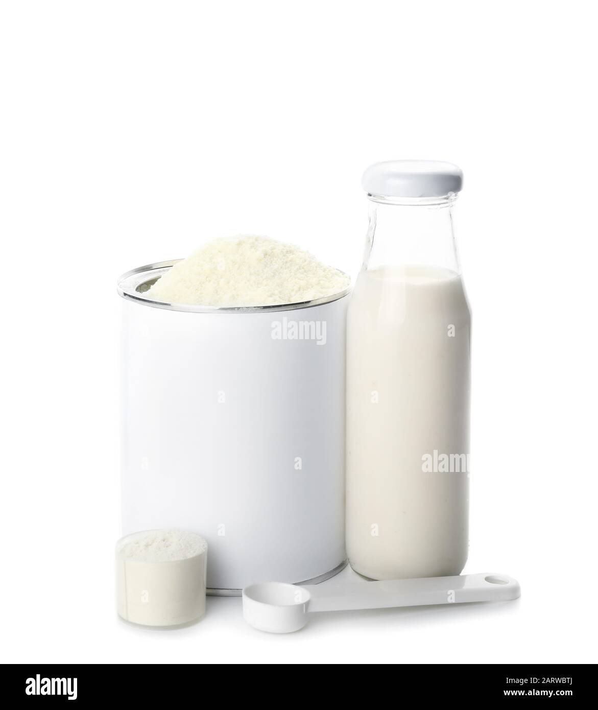 Bottle of milk and jar with baby formula on white background Stock ...