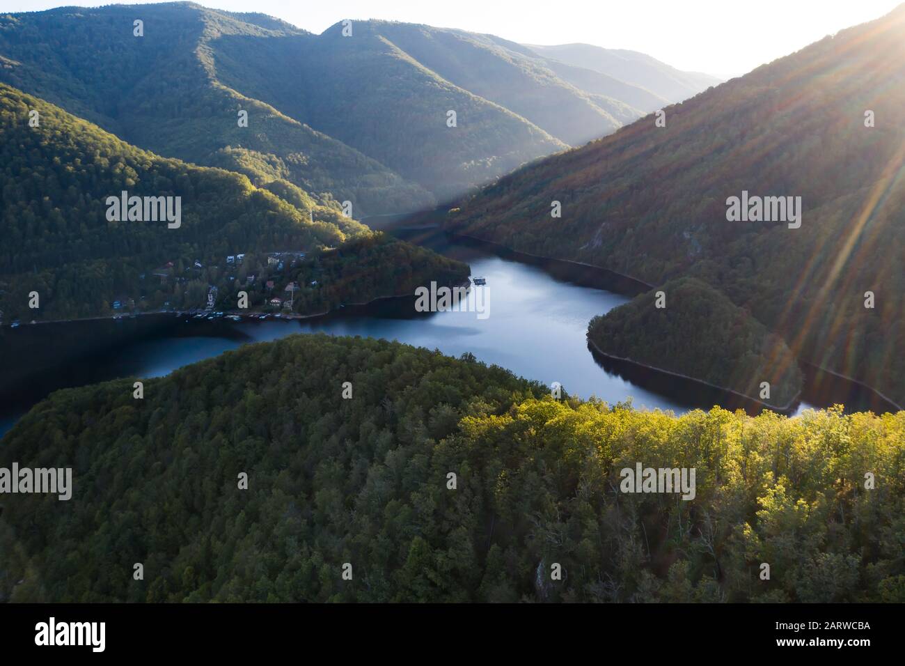 Aerial view of beautiful mountain lake in Transylvania, Romania Stock ...